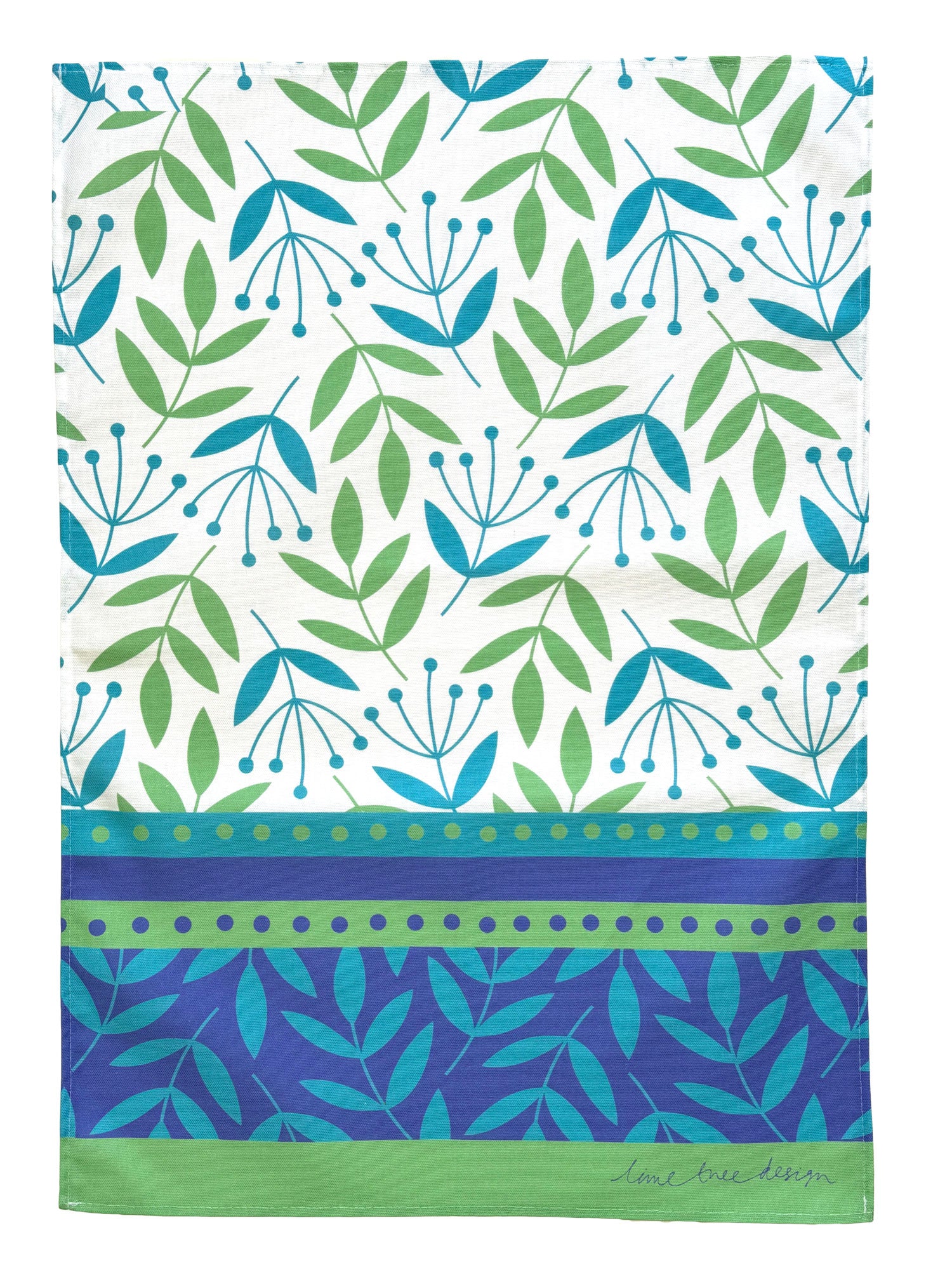 Tea Towel Summer Border Green Turquoise Lime Tree Design